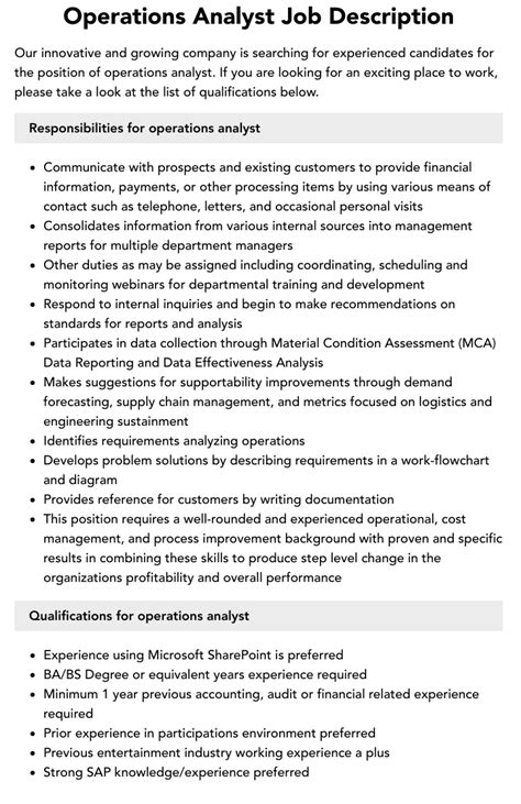Operations Analyst Job Description Velvet Jobs
