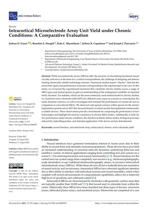 Pdf Intracortical Microelectrode Array Unit Yield Under Chronic Conditions A Comparative