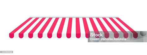상점 천막 줄무늬 상점 캐노피 흰색 배경에 고립 된 빨간색과 흰색 줄무늬가있는 시장 텐트 카페 차양 상점 앞 우산 키오스크 바이저 벡터 평면 그림 3차원 형태에 대한 스톡