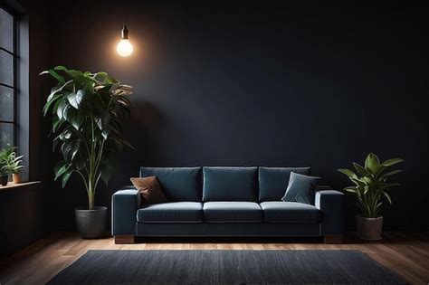 A Couch In A Dark Room With A Plant On The Wall And A Light From The Window Premium Ai