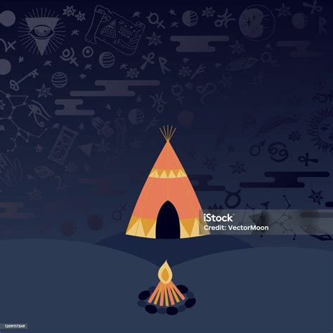 밤에 티피 텐트와 캠프 파이어 하늘점성술 기호 벡터 일러스트 0명에 대한 스톡 벡터 아트 및 기타 이미지 0명 눈 신체
