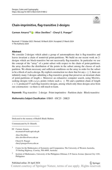 pdf chain imprimitive flag transitive 2 designs