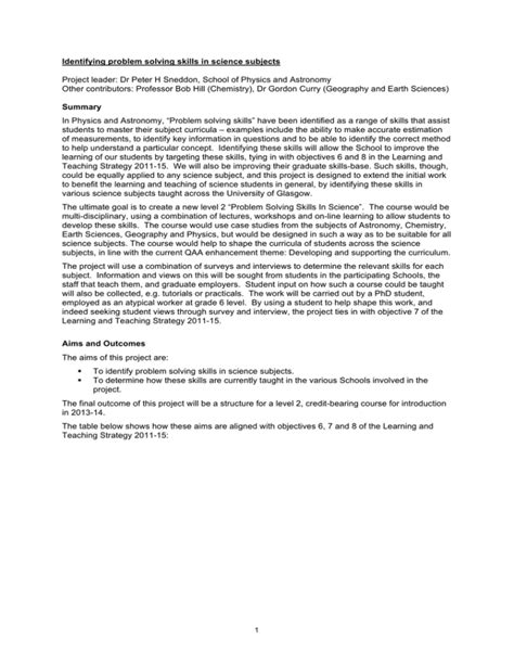Identifying Problem Solving Skills In Science Subjects Project Leader