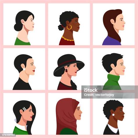 세련된 아름다운 여성 프로필 초상화 아바타 세트 아시아 아프리카 유럽 무슬림 미국 성숙한 젊은 종교 벡터 일러스트레이션 아프로