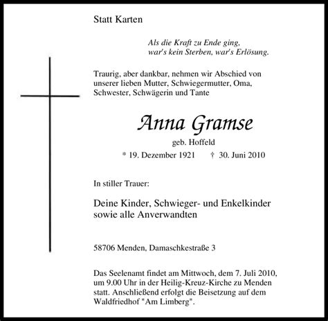 Traueranzeigen Von Anna Gramse Trauer In Nrw De