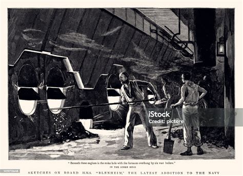 Hms Blenheim에 탑승 한 선원 이 엔진 아래에는 여섯 개의 광대 한 보일러가 매달려있는 용광로가있는 스토크 구멍이 있습니다 석탄에 대한 스톡 벡터 아트 및 기타
