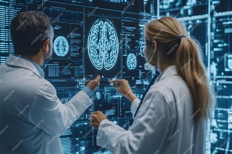 Two Doctors Analyze Brain Scan On Digital Screen Premium Ai Generated Image