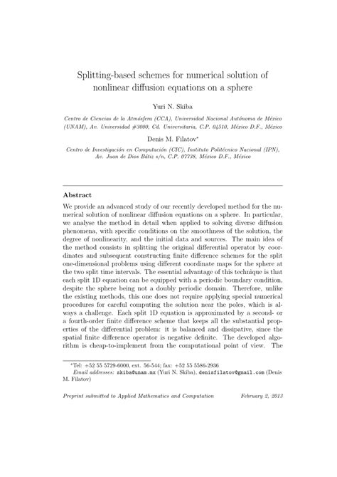 Pdf Splitting Based Schemes For Numerical Solution Of Nonlinear Diffusion Equations On A Sphere