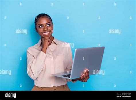 Photo Of Dreamy Intelligent Young Programmer Brainstorming Generate New Ideas Isolated On Blue