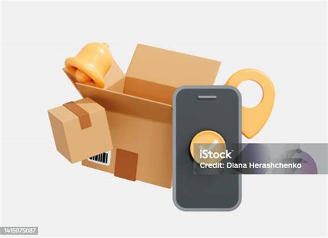 휴대 전화를 통한 3d 온라인 추적 배달 골판지 상자에 배달된 주문 체크 표시 및 알림 개념이있는 스마트 폰 흰색 배경에 고립