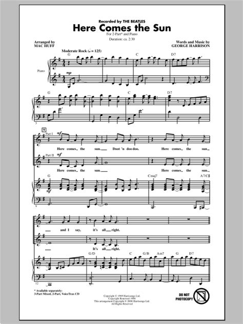 Here Comes The Sun By The Beatles Sheet Music For 2 Part Choir Arr