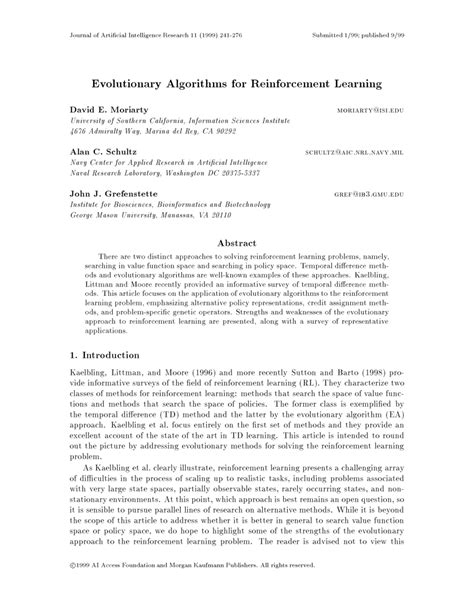 Pdf Evolutionary Algorithms For Reinforcement Learning