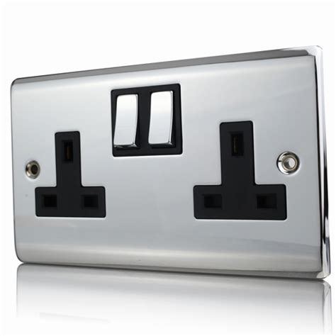 Polished Chrome Gang DP A Switched Socket With Black Inserts