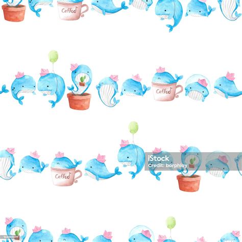 귀여운 이음새가 없는 수채화 일러스트 배경 믹스 배경 텍스처 포장지 섬유 인사말 카드 템플릿 또는 벽지 디자인에 사용되는 핑크 종이 배 세트로 행복한 푸른 고래를 다채로운