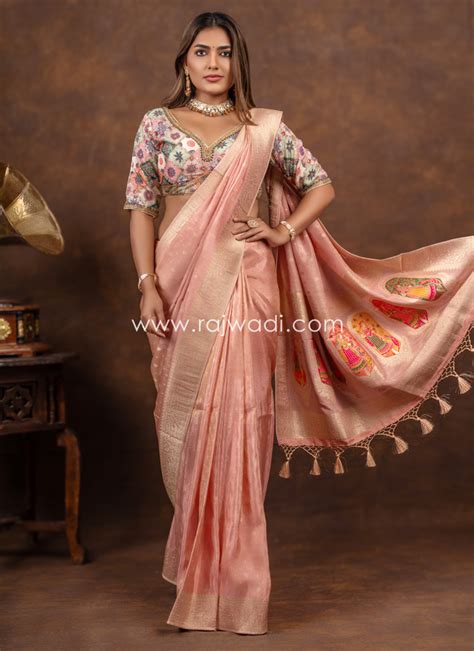 Peach Color Tissue Silk Weaving Work Saree