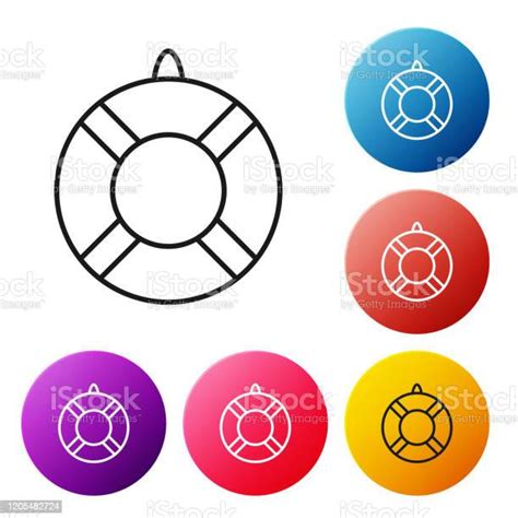 흰색 배경에 격리 된 검은 선 Lifebuoy 아이콘입니다 구명 벨트 기호입니다 아이콘 다채로운 원 버튼을 설정합니다 벡터 일러스트레이션 Sos에 대한 스톡 벡터 아트 및