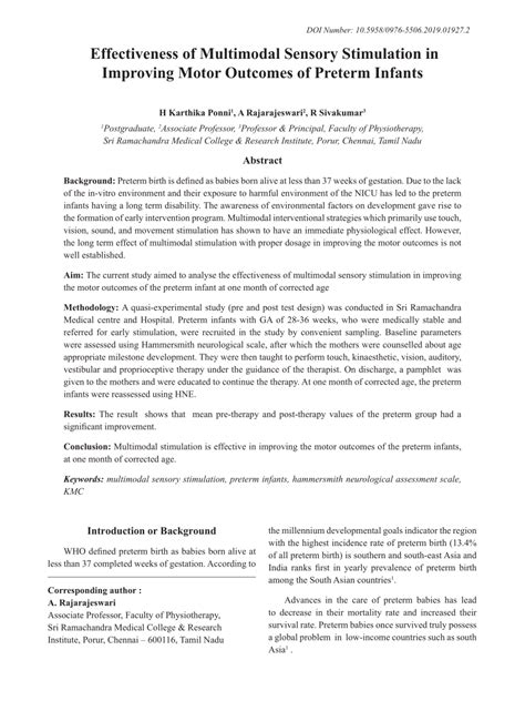 Pdf Effectiveness Of Multimodal Sensory Stimulation In Improving Motor Outcomes Of Preterm Infants