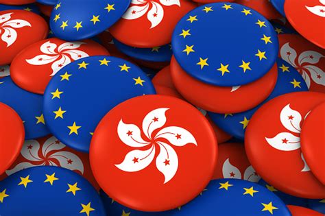 홍콩 및 유럽 배지 배경홍 Kongese 및 유럽 플래그 단추 3 차원 일러스트 레이 션의 더미 0명에 대한 스톡 벡터 아트 및 기타 이미지 Istock