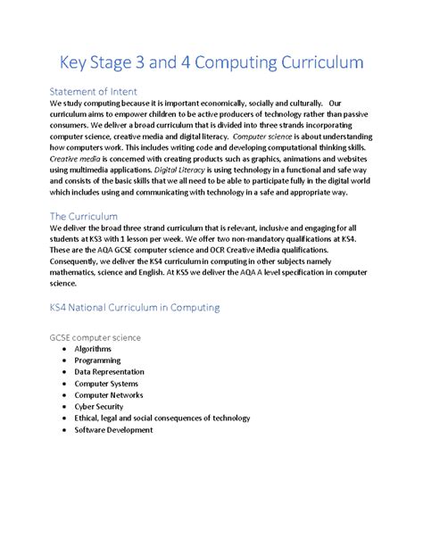 Ks3 4 Computing Curriculum Key Stage 3 And 4 Computing Curriculum