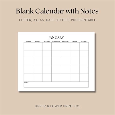 Simple Blank Calendar With Notes Monthly Planner Year Planner Minimal Calendar 12 Months