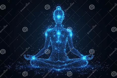 A Glowing Blue Digital Representation Of A Woman Meditating In The Lotus Position Stock