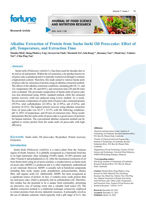 Pdf Alkaline Extraction Of Protein From Sacha Inchi Oil Press Cake