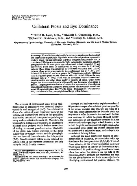 Pdf Unilateral Ptosis And Eye Dominance