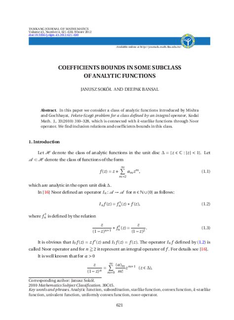 Pdf Coefficients Bounds In Some Subclass Of Analytic Functions