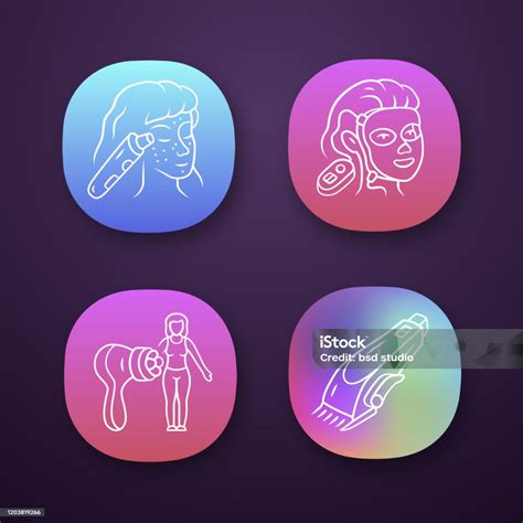 뷰티 기기 앱 아이콘 세트입니다 블랙 헤드 리무버 치료 얼굴 마스크 바디 마사지기 및 면도 기계 Ui Ux 사용자 인터페이스 웹