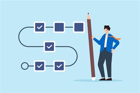 프로젝트 관리자가 프로젝트 타임라인에서 완료된 작업 추적 진행 상황을 확인하기 위해 큰 연필을 들고 있는 평면 그림 개념에 대한 스톡 벡터 아트 및 기타 이미지 Istock
