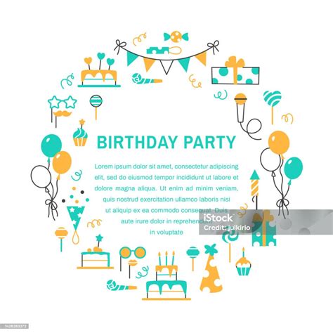 생일 파티 색상 텍스트 공간이있는 플랫 라인 서클 프레임 축제 밝은 휴일 파티 디자인 흰색 바탕에 풍선 머핀 생일 케이크 모자