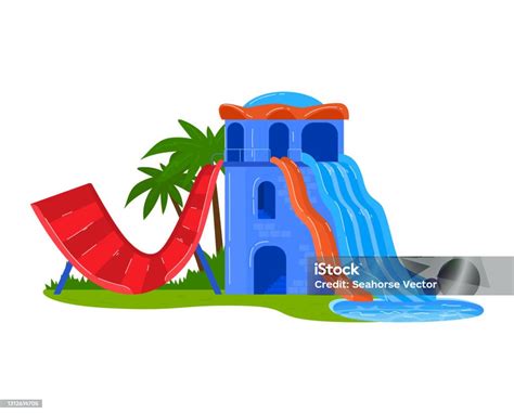 캐슬 슬라이드 야외 워터 파크 벡터 일러스트에서 재미있는 활동 만화 여름 휴가 레저 놀이를위한 수영장 디자인 아쿠아파크에서의 레크리에이션 공기 주입에 대한 스톡 벡터 아트