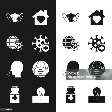 설정 긍정적 인 바이러스 지구 지구 의료 보호 마스크 집 심장 내부 기침하는 남자 의료 물티슈 팩과 약 병과 알약 아이콘 벡터 개념에 대한 스톡 벡터 아트 및 기타 이미지