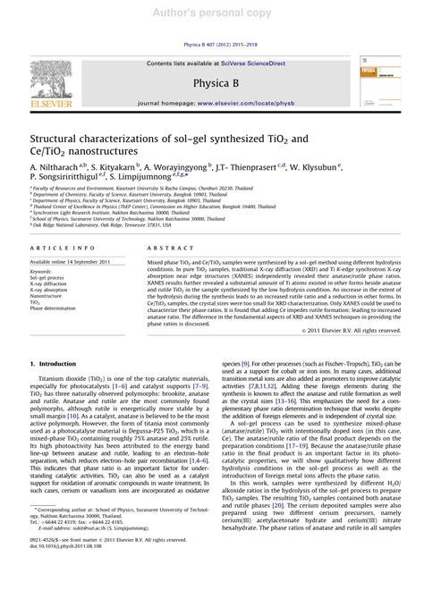 Pdf Structural Characterizations Of Sol Gel Synthesized Tio2 And Ce