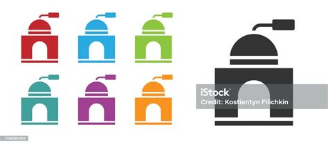 흰색 배경에 격리 된 블랙 수동 커피 분쇄기 아이콘 다채로운 아이콘을 설정합니다 벡터 일러스트레이션 고풍스런에 대한 스톡 벡터