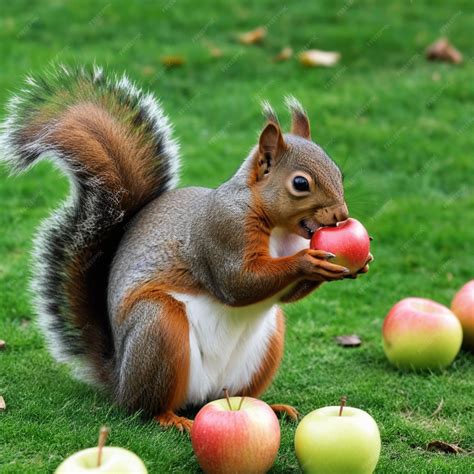 A Squirrel With A Piece Of Fruit In His Mouth Eating An Apple Premium