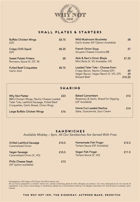Menus — The Why Not Inn Redditch