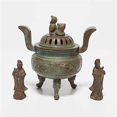Lot A Bronze Censer Height 19cm Together With 2 Small Bronze Figures