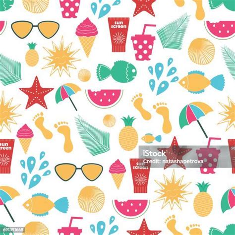 여름 시간 흰색 배경에 고립 된 다채로운 해변 요소와 원활한 패턴 벡터 갑각류에 대한 스톡 벡터 아트 및 기타 이미지 갑각류