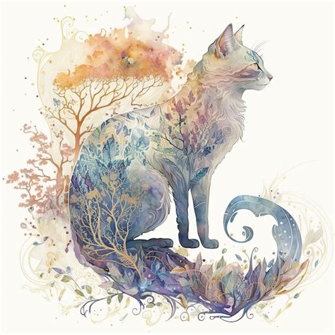 Premium AI Image A Painting Of A Cat With A Tree On It