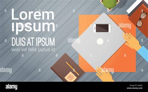 Businessman Workplace Desk Hands Working Laptop Computer Top Angle View