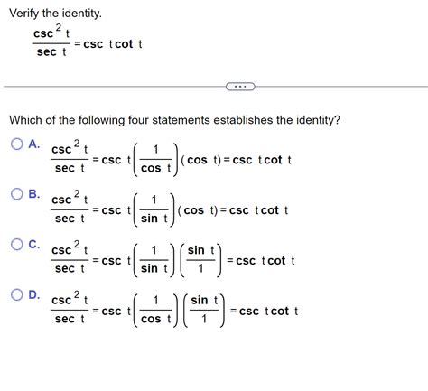 solved verify the identity sectcsc2t csctcott which of the