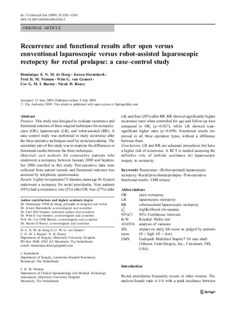 Pdf Recurrence And Functional Results After Open Versus Conventional Laparoscopic Versus Robot