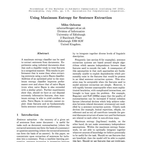 Using Maximum Entropy For Sentence Extraction Acl Anthology