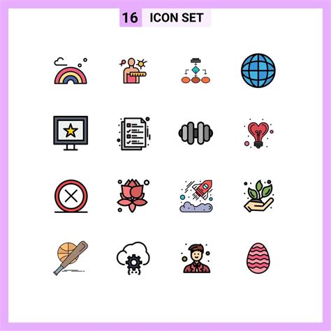 16 Universal Flat Color Filled Lines Set For Web And Mobile Applications Earth Achievement