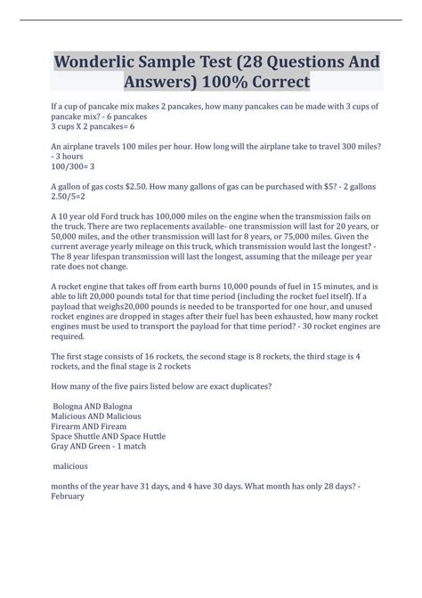 Wonderlic Sample Test 28 Questions And Answers 100 Correct Wonderlic Stuvia Us