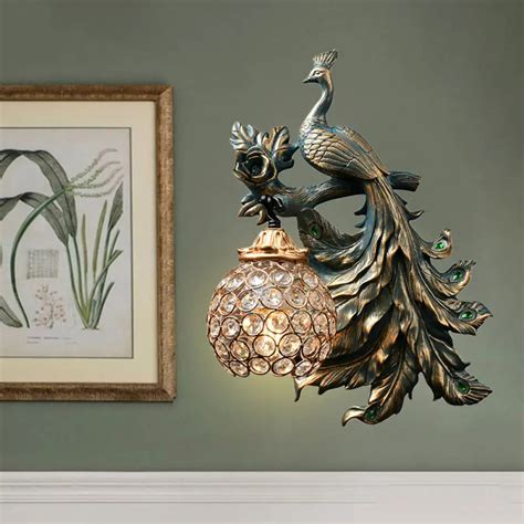 Bronze Resin Peacock Corridor Wall Sconce With Clear Crystal Shade