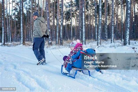 겨울 눈 덮인 숲에서 썰매를 타고 즐거운 시간을 보내고 계절에 따라 야외 활동을 즐기는 아이들 가리기에 대한 스톡 사진 및 기타 이미지 Istock