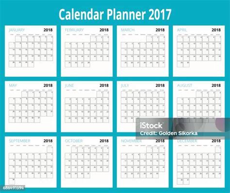 2018 달력 템플릿 인쇄 주일은 일요일에 시작 됩니다 세로 방향 12 개월 세트 2018 년을 위한 플래너 0명에 대한 스톡 벡터 아트 및 기타 이미지 Istock