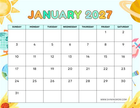January 2027 Calendar 100 Best Free Printable Templates